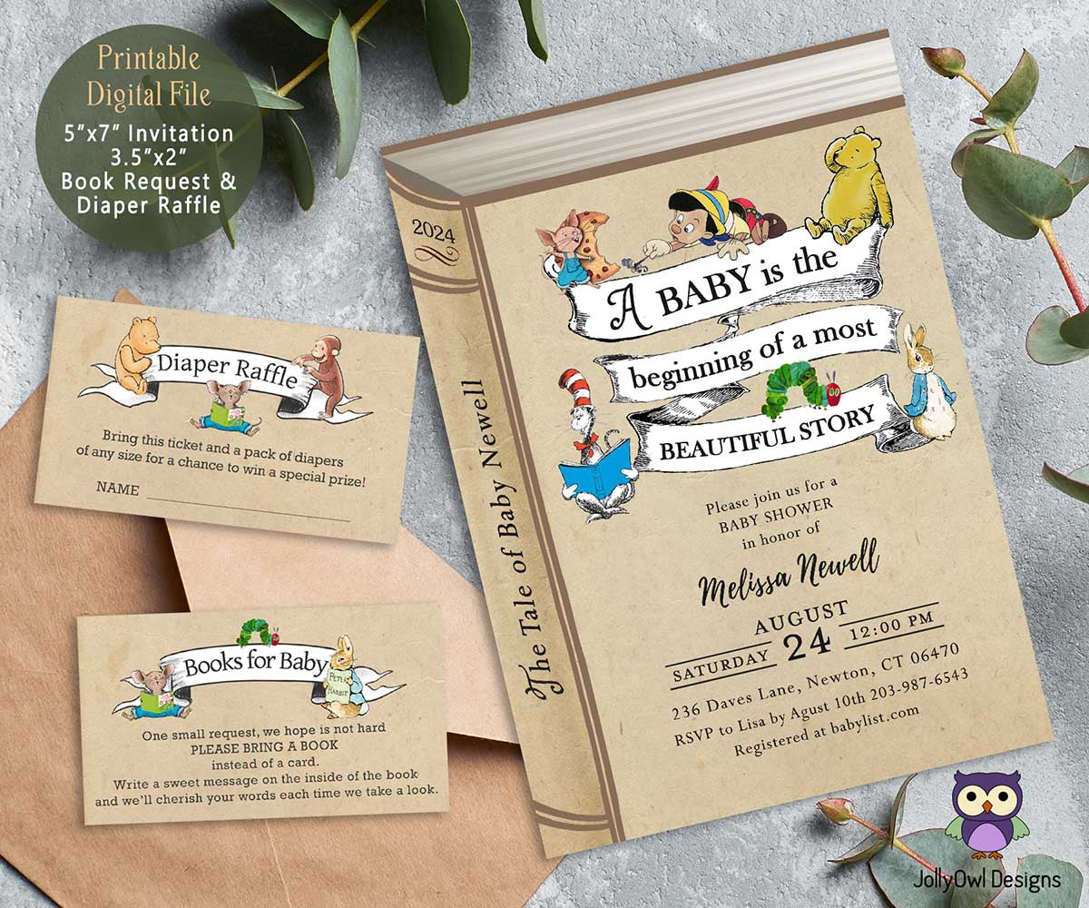 Storybook Baby Shower Invitation with Book Request, Diaper Raffle and ...