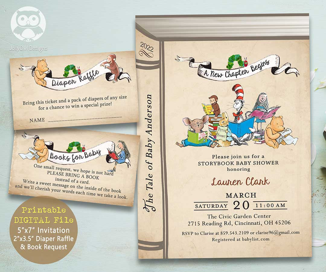 Storybook Baby Shower Invitation with Book Request, Diaper Raffle and ...