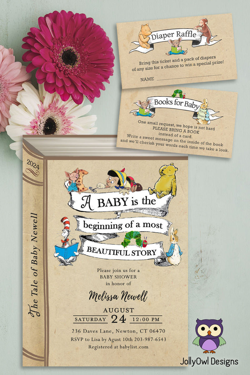 Storybook Baby Shower Invitation with Book Request, Diaper Raffle and ...