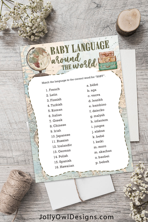 Baby Language Around The World -Travel Themed Baby Shower Game Card ...