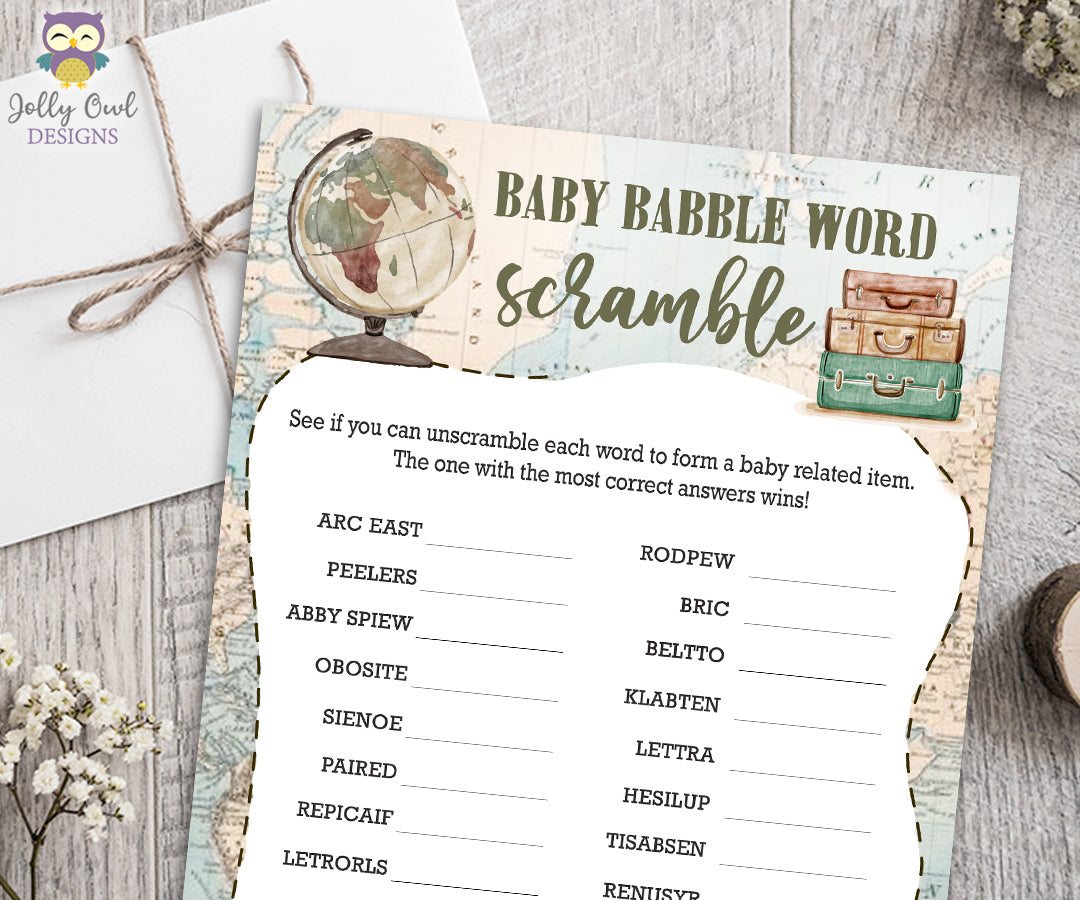 Baby Babble Word Scramble - Travel Themed Baby Shower Game Card – Jolly ...