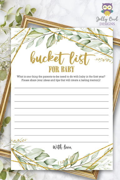 Gold Geometric Botanical Greenery Baby Shower Game - Baby Bucket List ...
