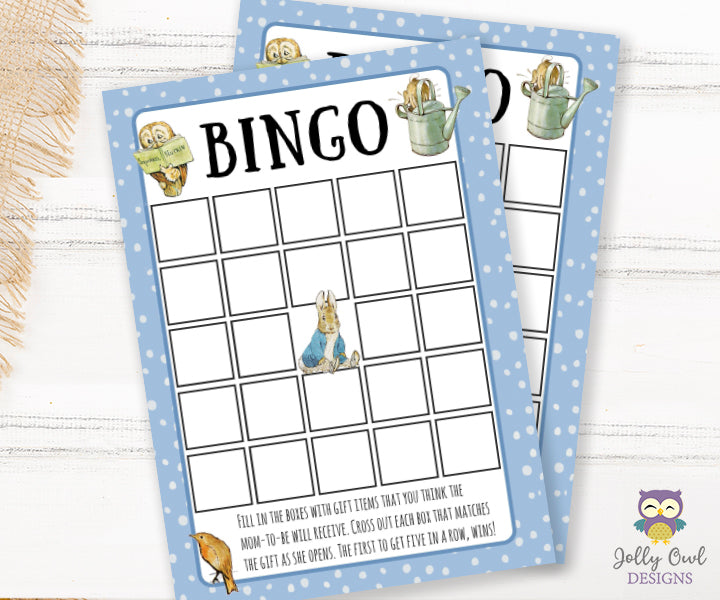 Peter Rabbit Themed Baby Shower BINGO Game Card – Jolly Owl Designs