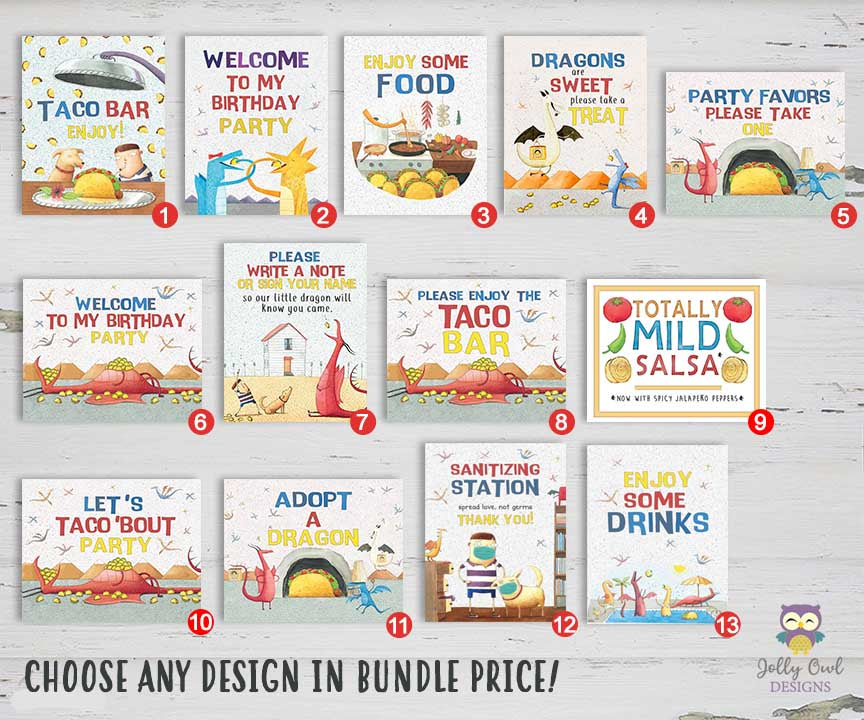 Dragons Love Tacos Party Signs - Bundle Set – Jolly Owl Designs
