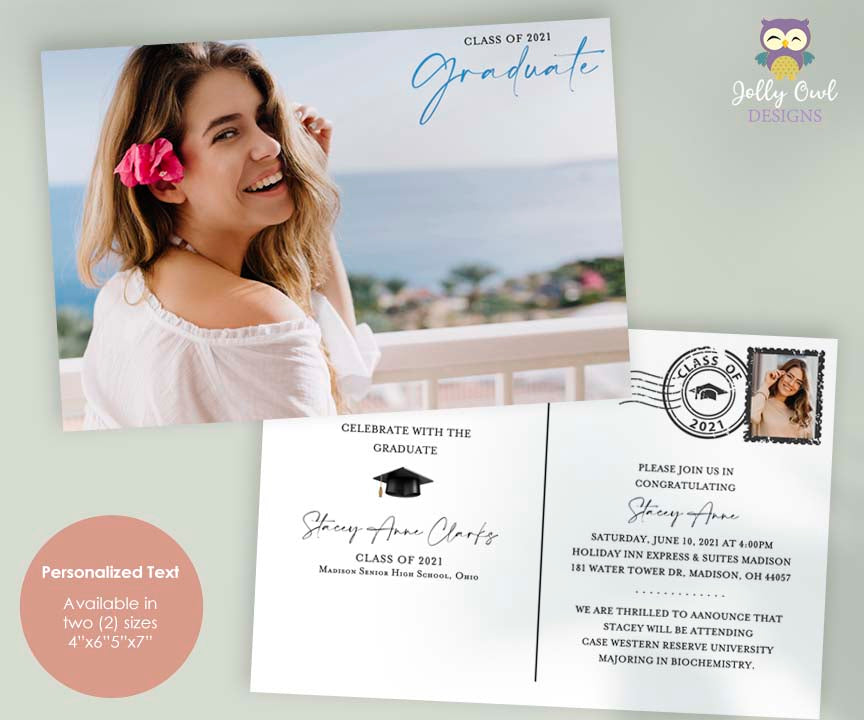 Graduation Announcement Postcards Gold Tassel & Cap 2 Photo Graduation