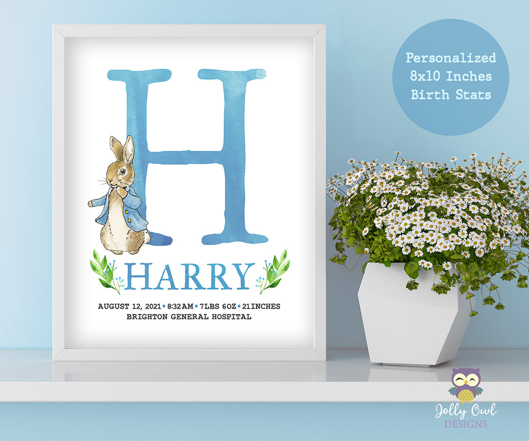 Peter Rabbit Themed Personalized Initial and Name 8x10 Inches Birth St ...