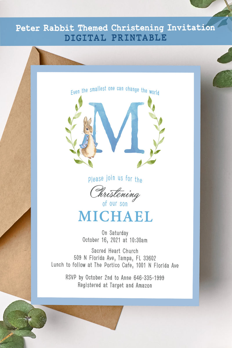 Peter Rabbit Themed Christening or Baptism Invitation – Jolly Owl Designs