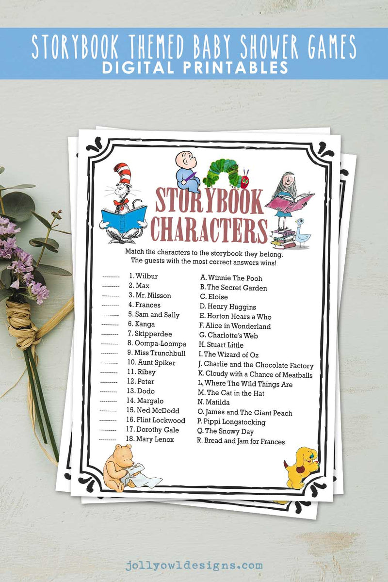 Storybook Book Themed Baby Shower Game - Guess and Match The Book Char ...