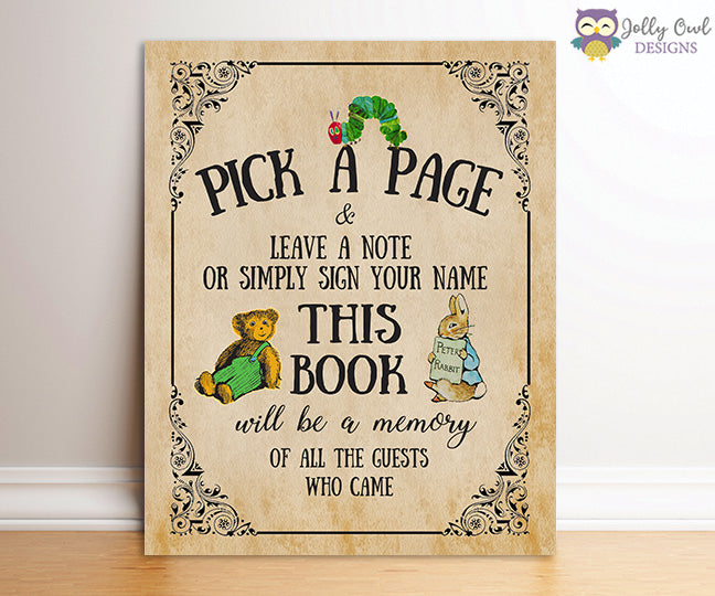 Book Themed Baby Shower Party Sign - Pick A Page – Jolly Owl Designs